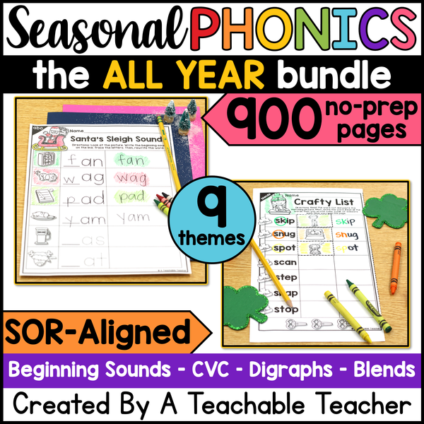 Phonics Worksheets Seasonal ALL YEAR Bundle- NO PREP – A Teachable Teacher
