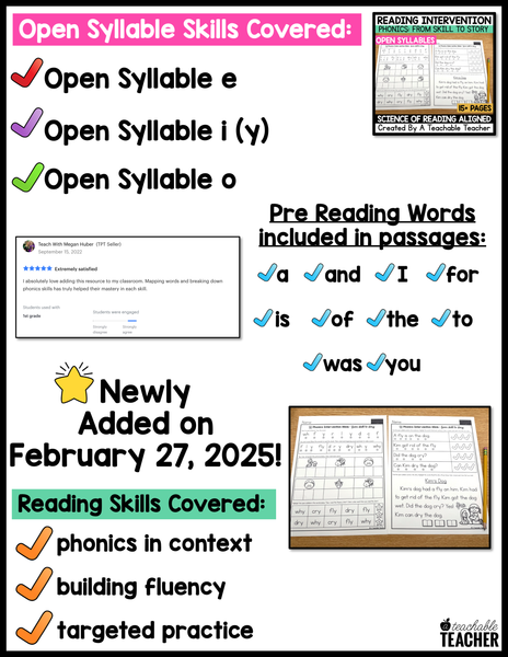 Open Syllable Words- Worksheets for Reading Intervention – A Teachable ...