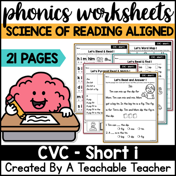 Phonics Short I CVC Words Science of Reading Worksheets: Decodables, W ...