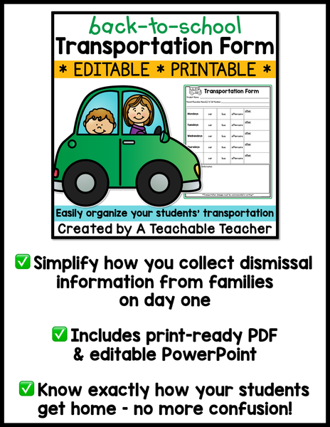 Editable Back-to-School Transportation Form – A Teachable Teacher