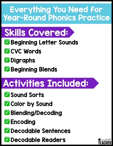 Phonics Worksheets Seasonal ALL YEAR Bundle- NO PREP – A Teachable Teacher