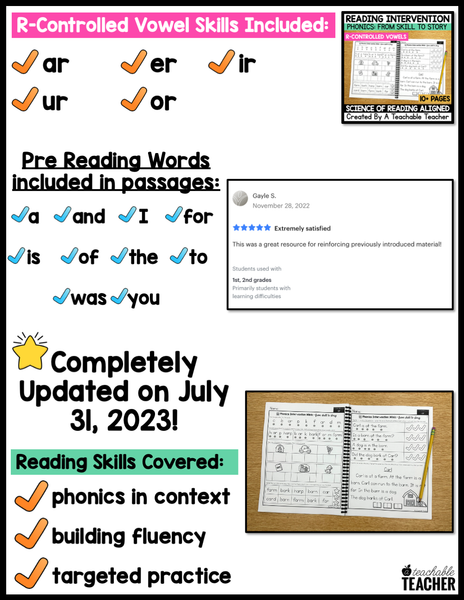 R-Controlled Vowels Words- Worksheets for Reading Intervention – A ...