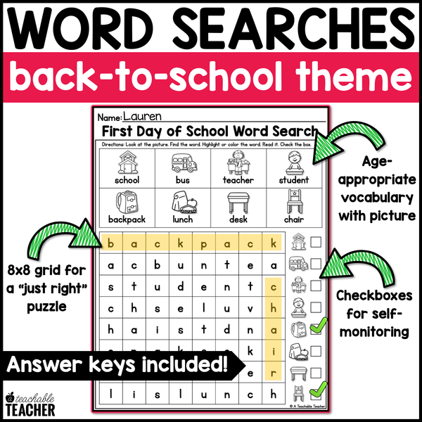 Back to School Themed Word Searches – A Teachable Teacher