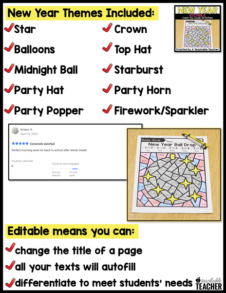 Editable New Year Color-by-Code Activities – A Teachable Teacher