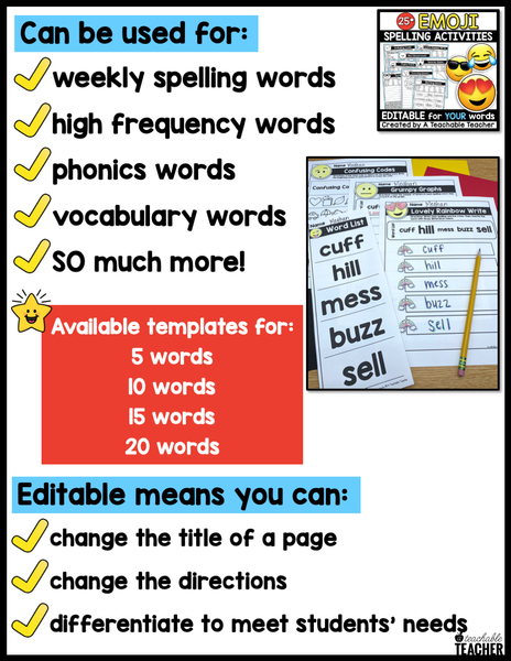 Editable Emoji Spelling Activities – A Teachable Teacher
