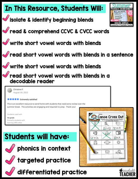 Summer Review Blends Activities- NO PREP Phonics Worksheets – A ...