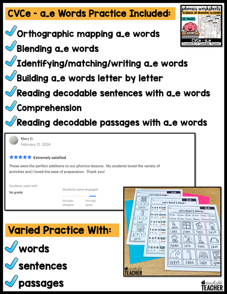 CVCe - a_e Phonics Worksheets - The Science of Reading – A Teachable ...