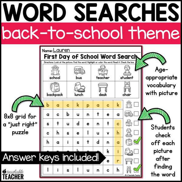 Back to School Themed Word Searches – A Teachable Teacher