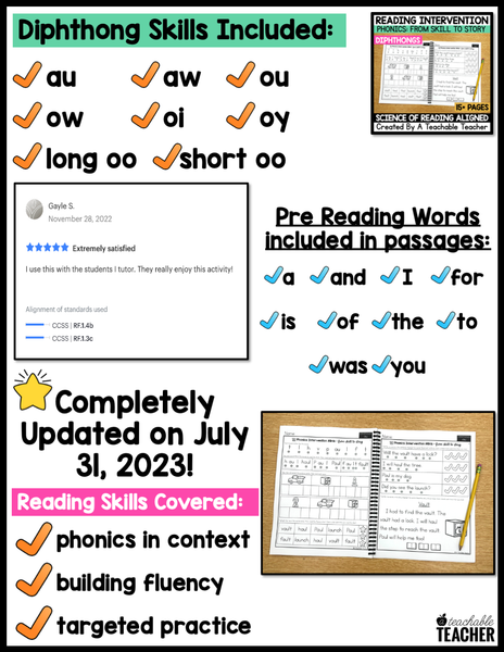 Diphthong Words- Worksheets for Reading Intervention – A Teachable Teacher