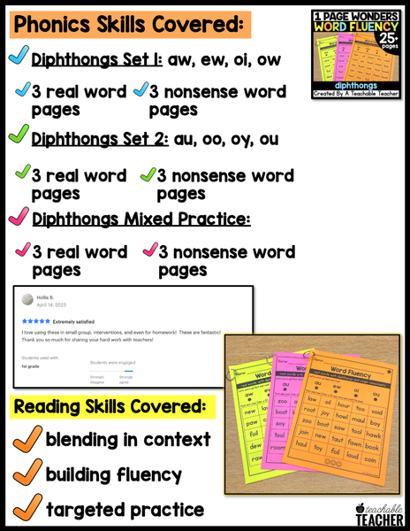 1 Page Wonders for Building Word Fluency - Diphthongs – A Teachable Teacher