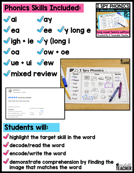 I Spy Phonics: Read & Write Long Vowel Team Words – A Teachable Teacher