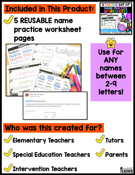 A Magical Set of Name Practice Worksheets- Editable – A Teachable Teacher
