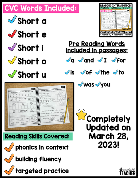 CVC Words Worksheets for CVC Reading Intervention – A Teachable Teacher