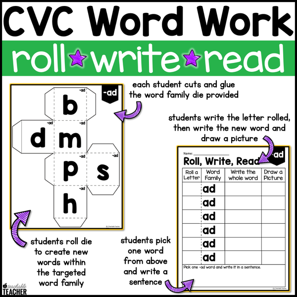 CVC Word Work - Roll, Write, Read – A Teachable Teacher