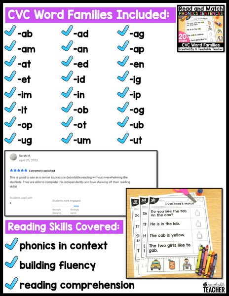 Read and Match Phonics Sentences - CVC Word Families – A Teachable Teacher