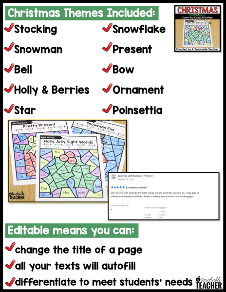 Editable Christmas Color-by-Code Activities – A Teachable Teacher