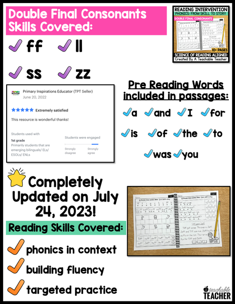Double Final Consonants - Worksheets for Reading Intervention – A ...