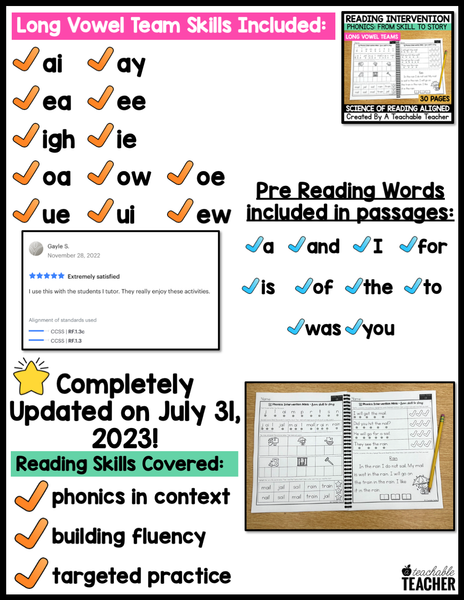 Long Vowel Team Words- Worksheets for Reading Intervention – A ...
