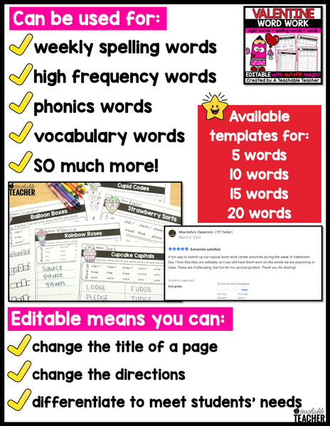 Editable Valentine's Day Word Work – A Teachable Teacher