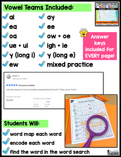 Vowel Teams Worksheets Phonics Word Search: Write & Find Words with Lo ...