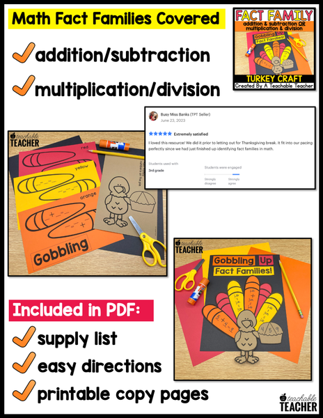 Fact Family Turkey Craft - Addition and Subtraction OR Multiplication ...