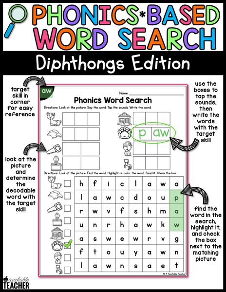 Diphthongs Worksheets Phonics Word Search: Write & Find Words with Dip ...