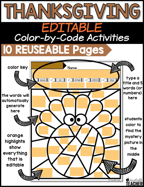 Editable Thanksgiving Color-by-Code Activities – A Teachable Teacher