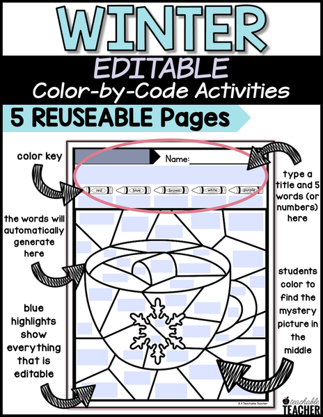 Editable Winter Color-by-Code Activities – A Teachable Teacher