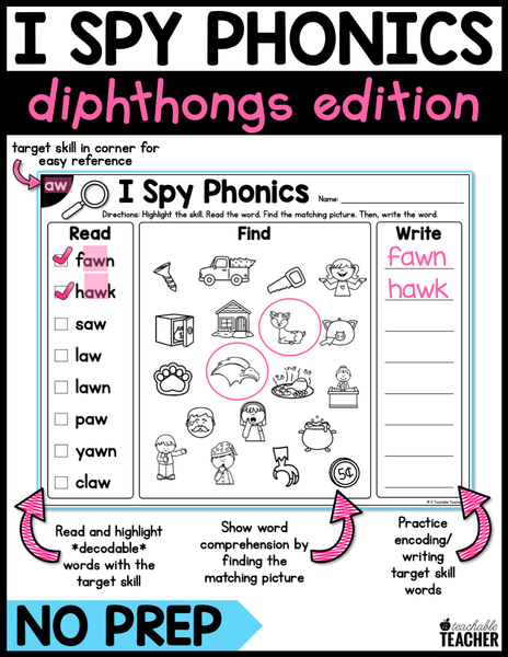 I Spy Phonics: Read & Write Diphthongs Words – A Teachable Teacher