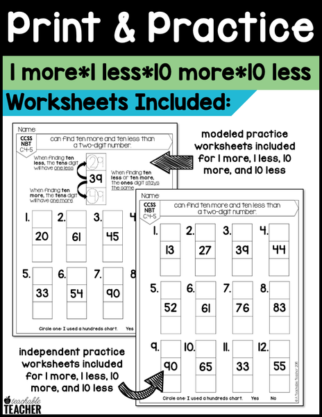 One More, One Less, Ten More, Ten Less- Print and Practice Mathematics ...