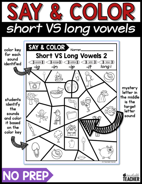 Say and Color - Short VS Long Vowels - CVC and CVCe Words – A Teachable ...