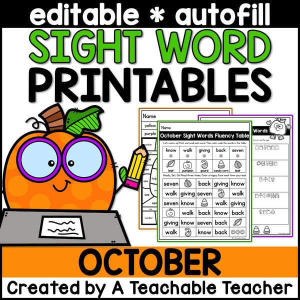 October Editable High Frequency Word Printables – A Teachable Teacher