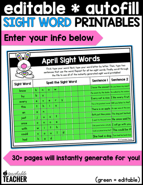 April Editable High Frequency Word Printables – A Teachable Teacher