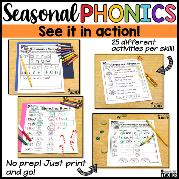 Phonics Worksheets Seasonal ALL YEAR Bundle- NO PREP – A Teachable Teacher