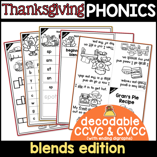 Thanksgiving Blends Activities- NO PREP Phonics Worksheets – A ...