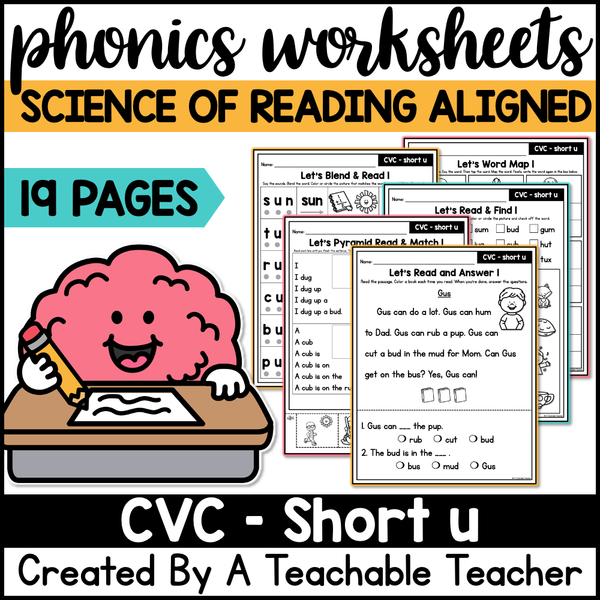 Phonics Short U CVC Words Science of Reading Worksheets: Decodables, W ...