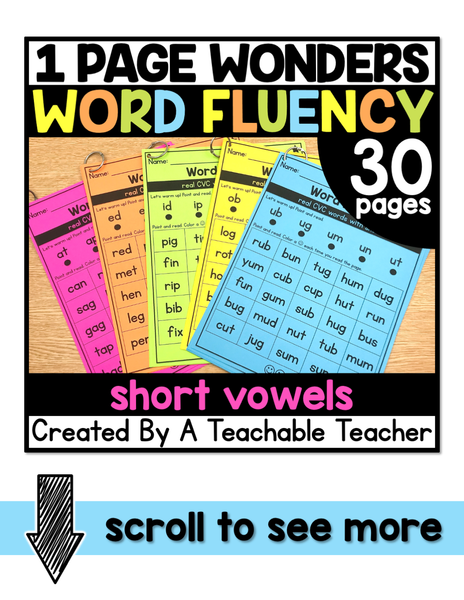1 Page Wonders for Building Word Fluency – Short Vowels – A Teachable ...