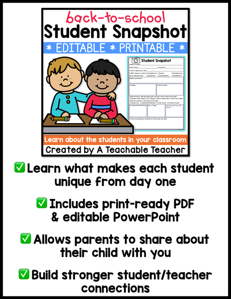 Editable Back-to-School Student Snapshot Form – A Teachable Teacher