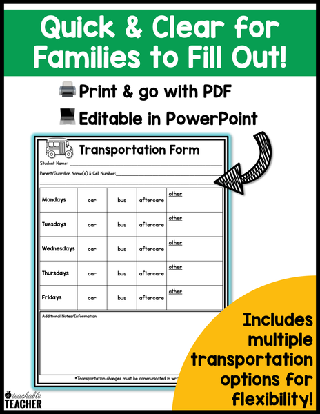 Editable Back-to-School Transportation Form – A Teachable Teacher