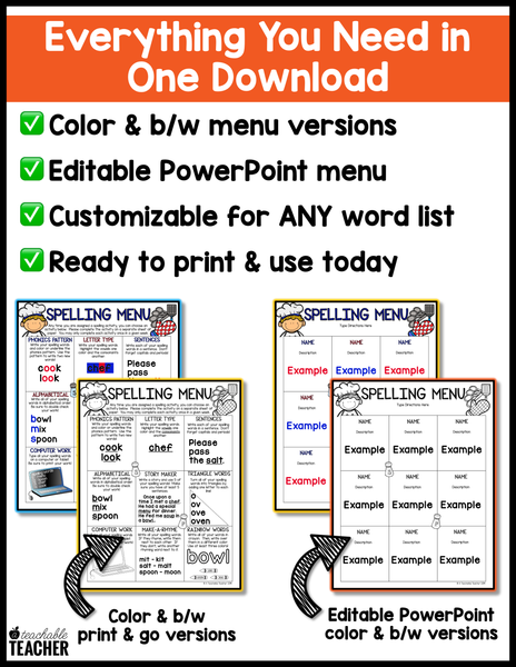 Editable Spelling Menu – A Teachable Teacher