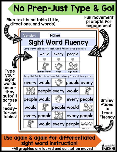 Editable Move and Master Fluency Tables - High Frequency Words – A ...