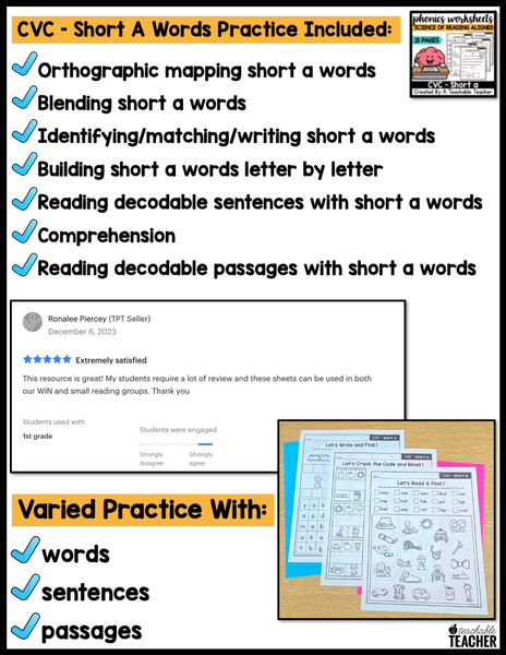 Phonics Short A CVC Words Science of Reading Worksheets: Decodables, W ...