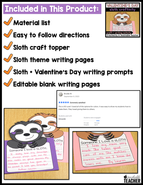 Valentine's Day Sloth Craftivity – A Teachable Teacher