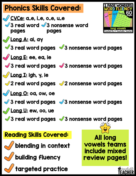 1 Page Wonders for Building Word Fluency - Long Vowels – A Teachable ...