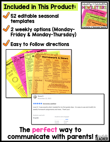 Editable Weekly Newsletter Template – A Teachable Teacher