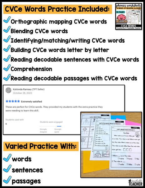 CVCe Words Phonics Worksheets - The Science of Reading – A Teachable ...