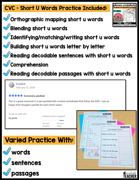 Phonics Short U CVC Words Science of Reading Worksheets: Decodables, W ...
