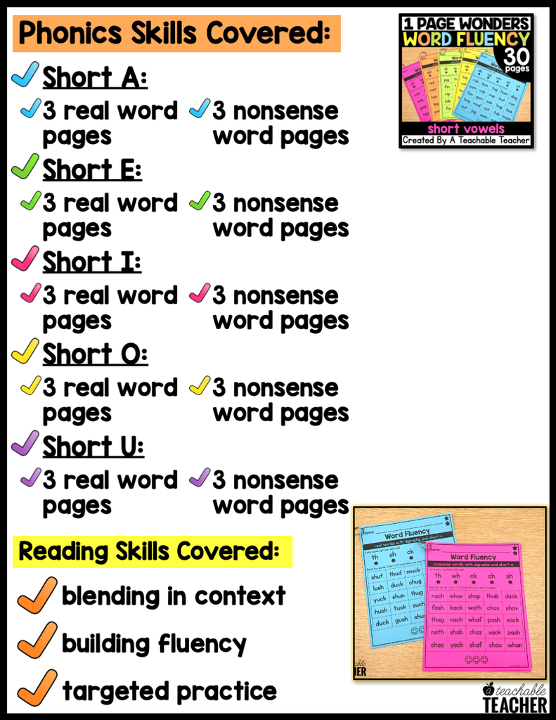 1 Page Wonders For Building Word Fluency Short Vowels A Teachable 1 Page Wonders For Building Word Fluency Short Vowels A Teachable