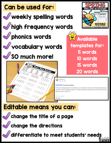 Spring Spelling Activities - EDITABLE – A Teachable Teacher