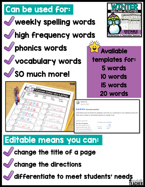 Winter Spelling Activities - EDITABLE – A Teachable Teacher